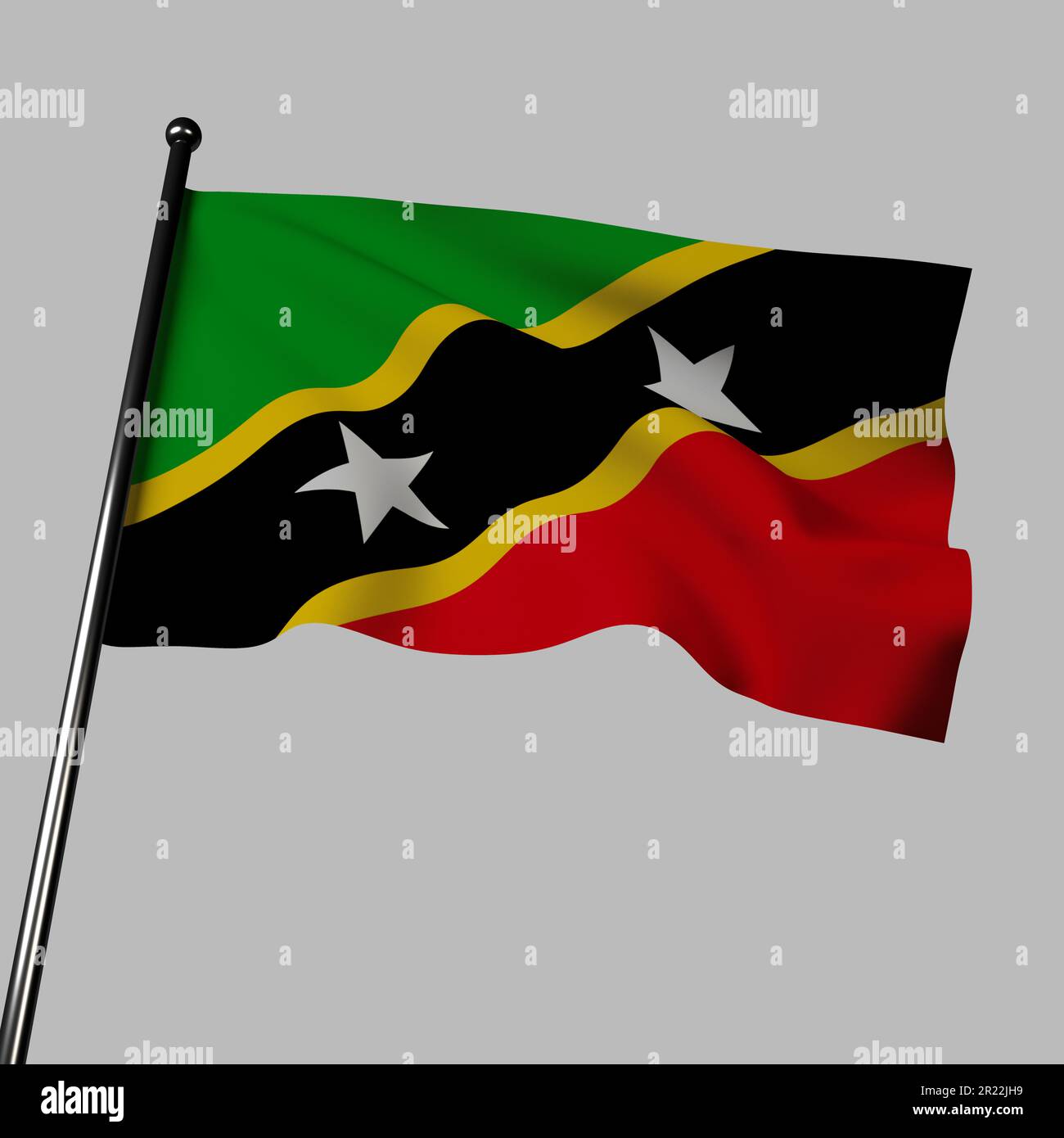 3D illustration of the flag of Saint Kitts and Nevis waving in the wind ...