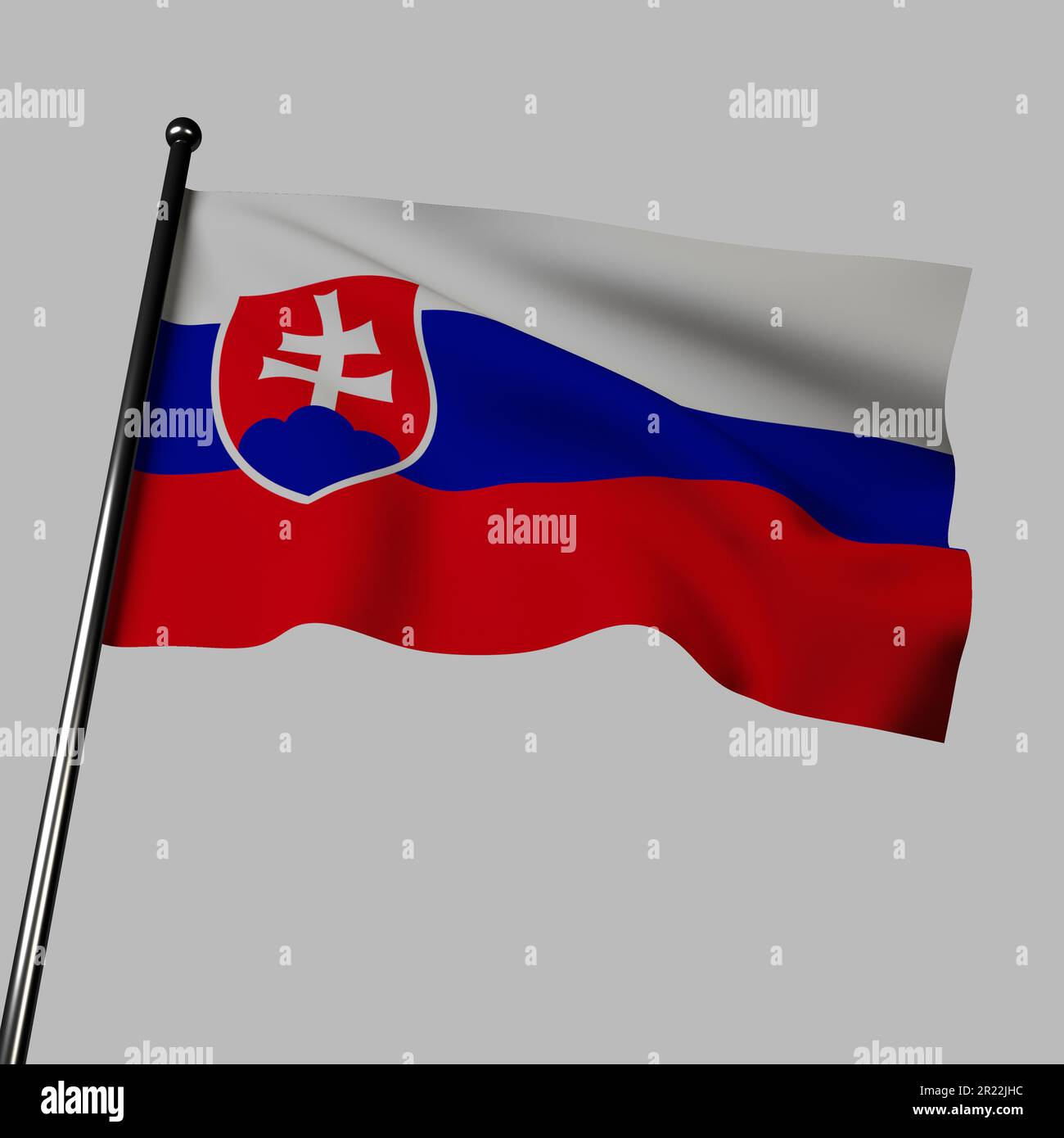 3D illustration of Slovakia's flag waving on a gray background. The ...