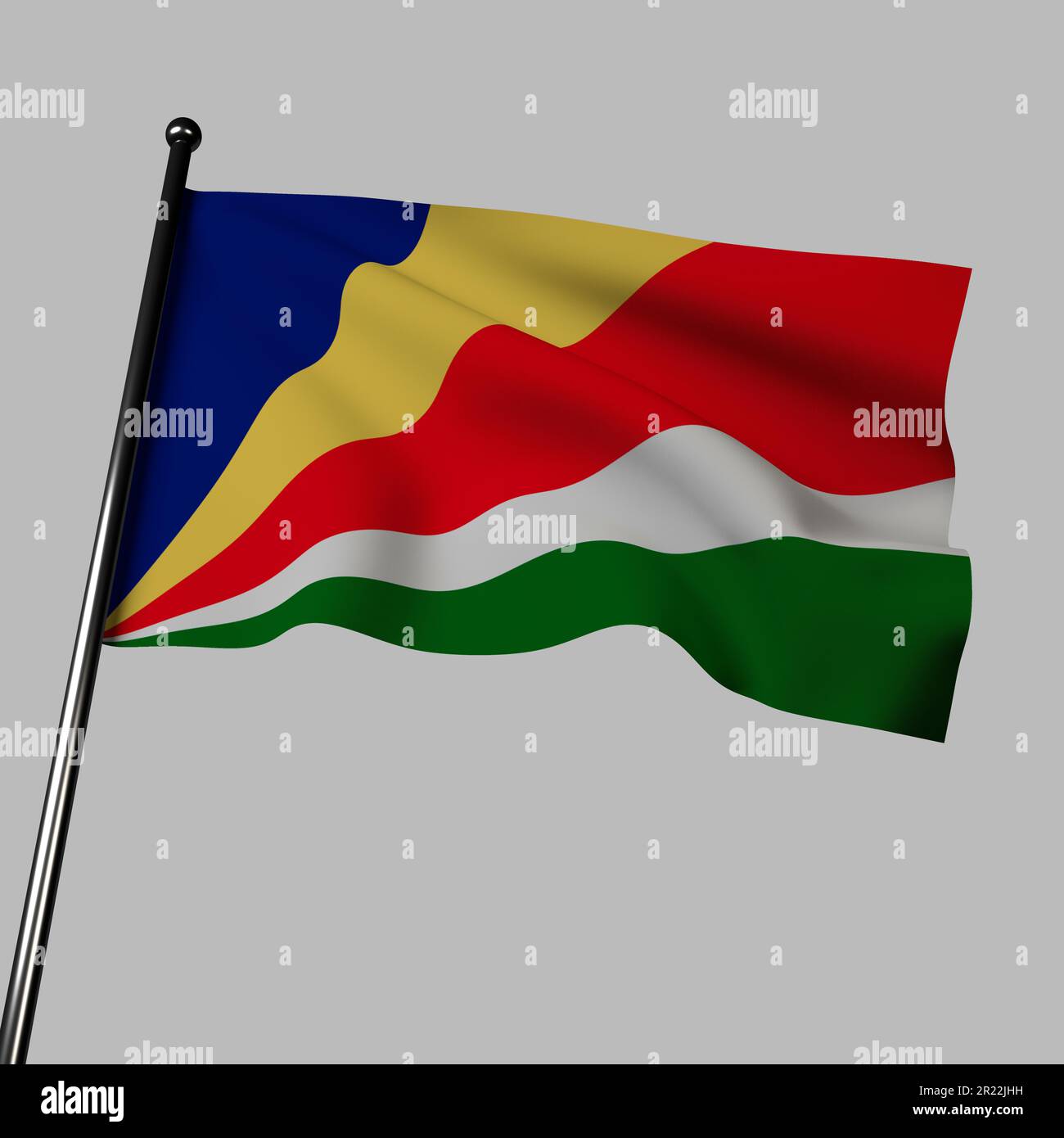 The Seychelles flag waves in this 3D illustration, isolated on a gray ...