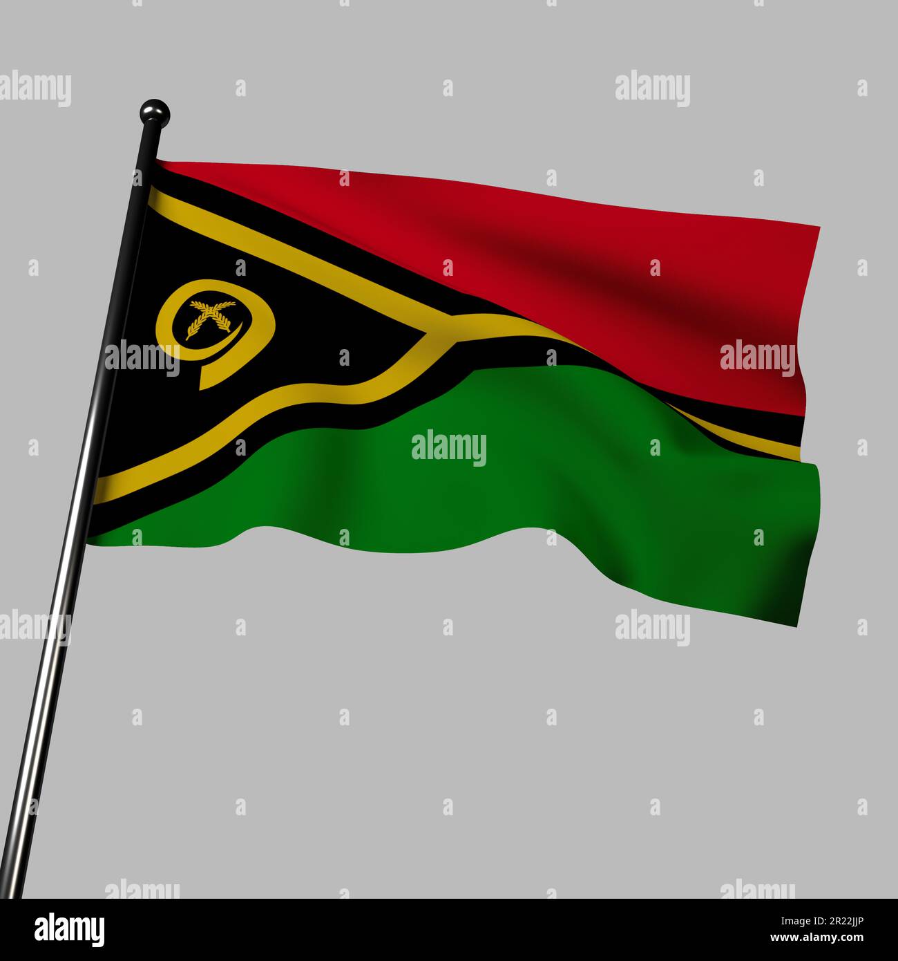 The flag of Vanuatu proudly flies in 3D against a gray background. It ...