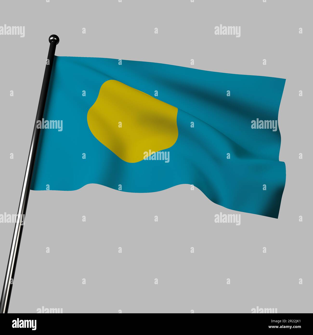 Palau flag, blue with yellow circle and golden rays. Represents moon, nature, peace. 3D ...