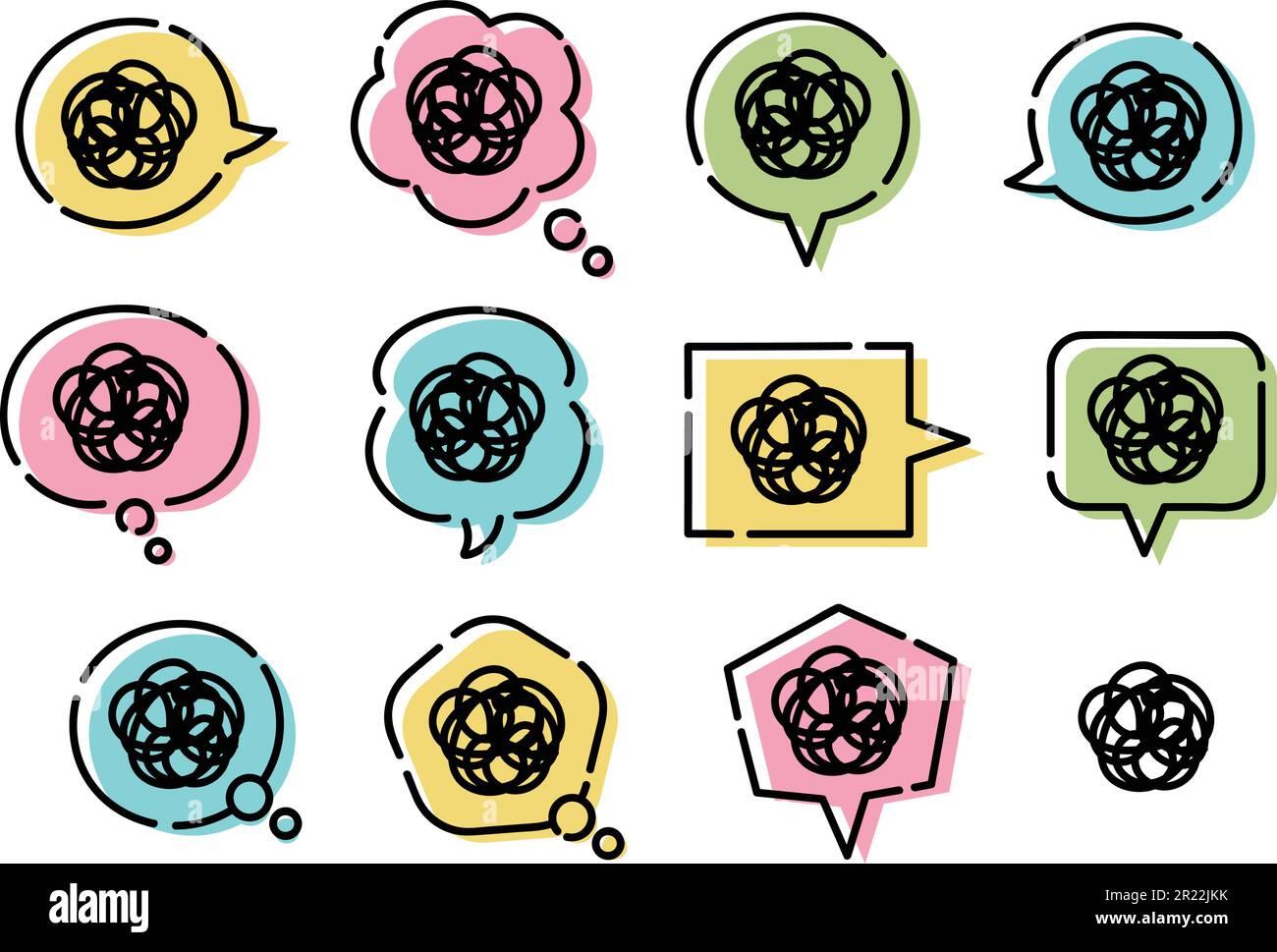 Set of colorful hand-drawn speech bubbles with dizzy and misty signs in ...