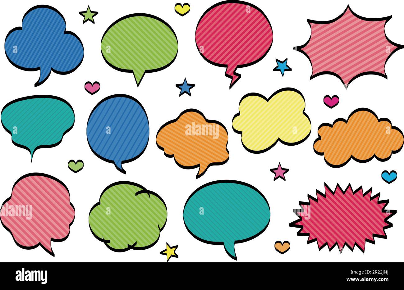 Set of colorful speech bubbles with stripe lines and additional signs ...