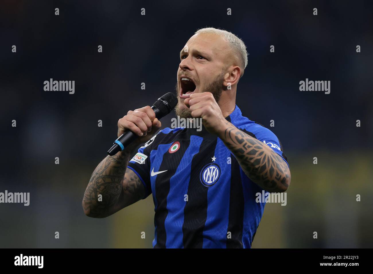 Milan, Italy. 16th May, 2023. Federico Dimarco of FC Internazionale addresses the fans in the ...