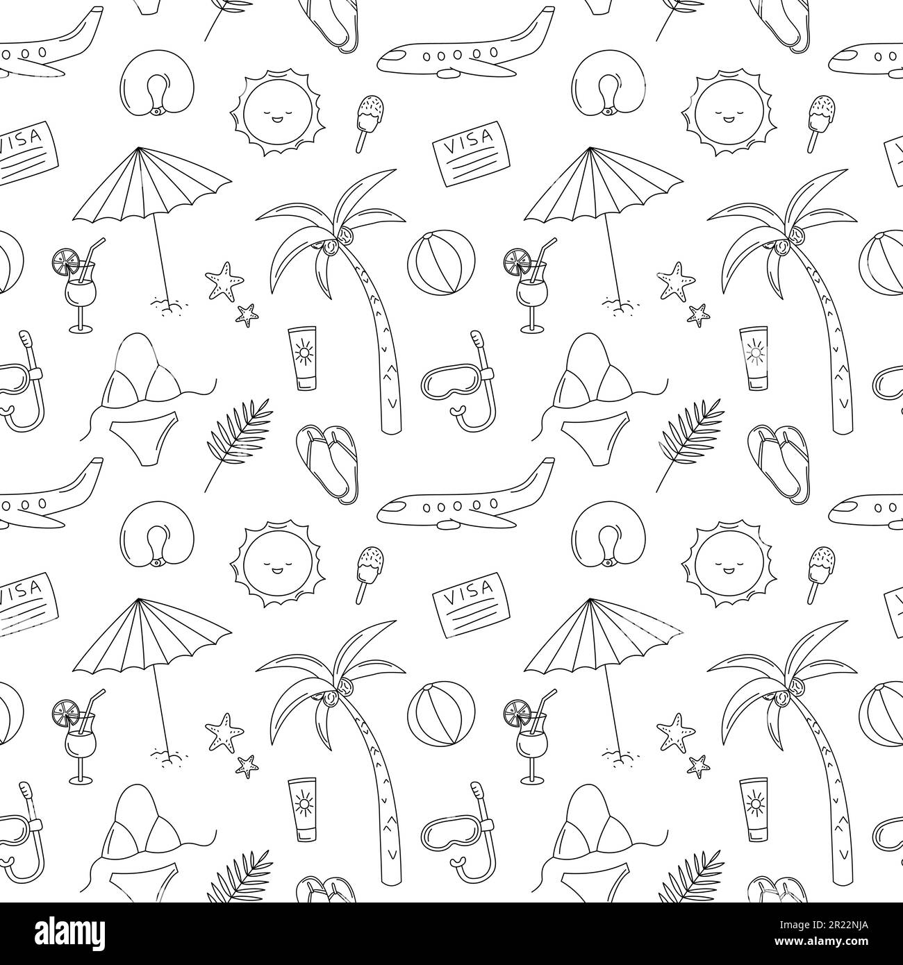 Summer seamless black and white doodles pattern. Vector vacation background. Funny hand drawn ...