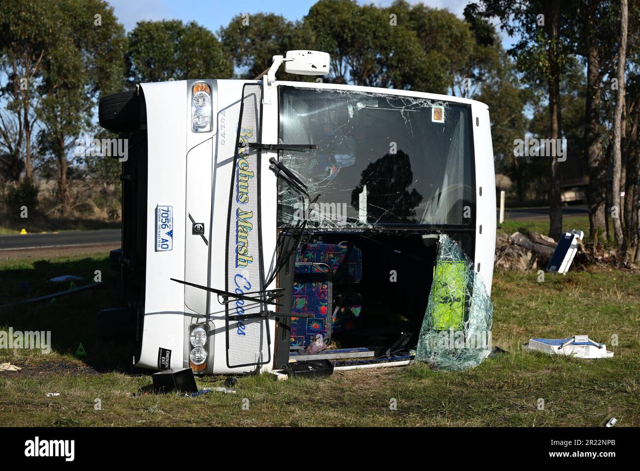 Emergency services personnel at the scene of a bus crash at the ...