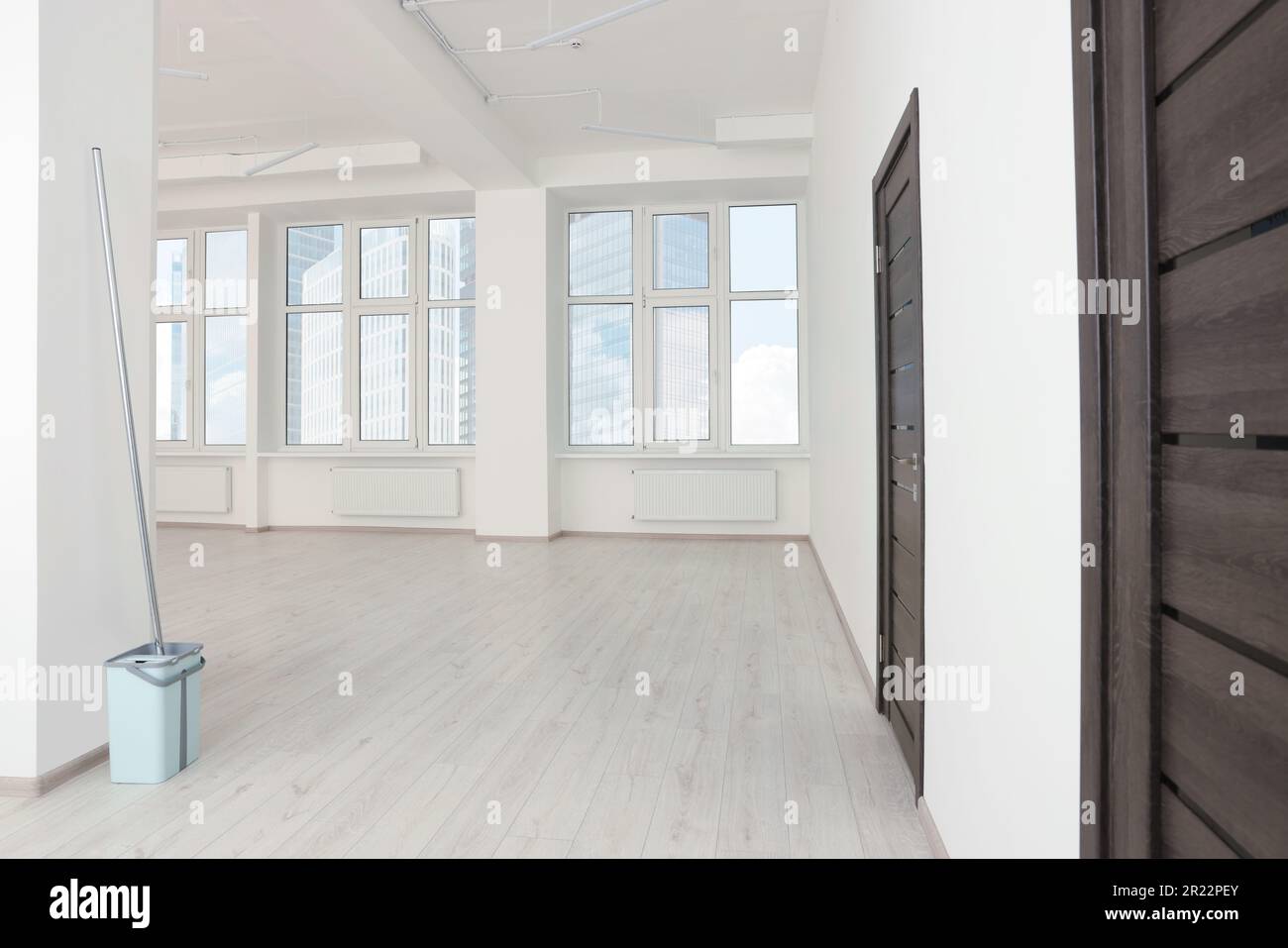 Modern office room with windows and doors. Interior design Stock Photo ...