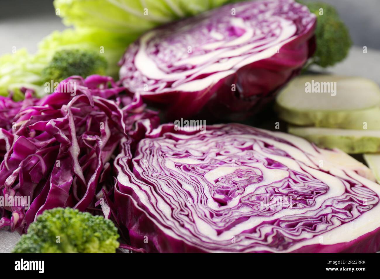 Different types of cut cabbage on table, closeup Stock Photo - Alamy