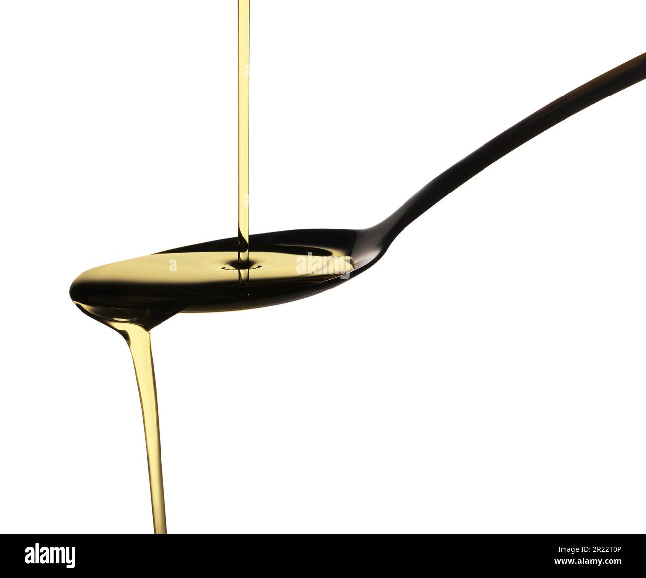 Pouring cooking oil into spoon on white background Stock Photo - Alamy