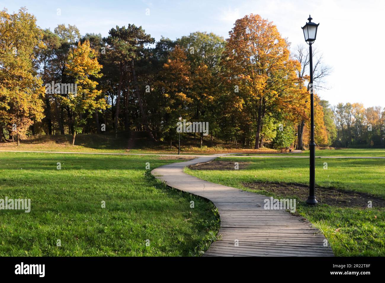 Picturesque view of park with beautiful trees and pathway on sunny day ...