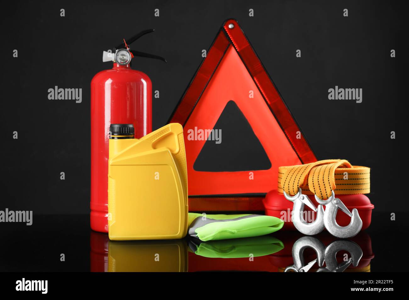 Set of car safety equipment on black background Stock Photo - Alamy