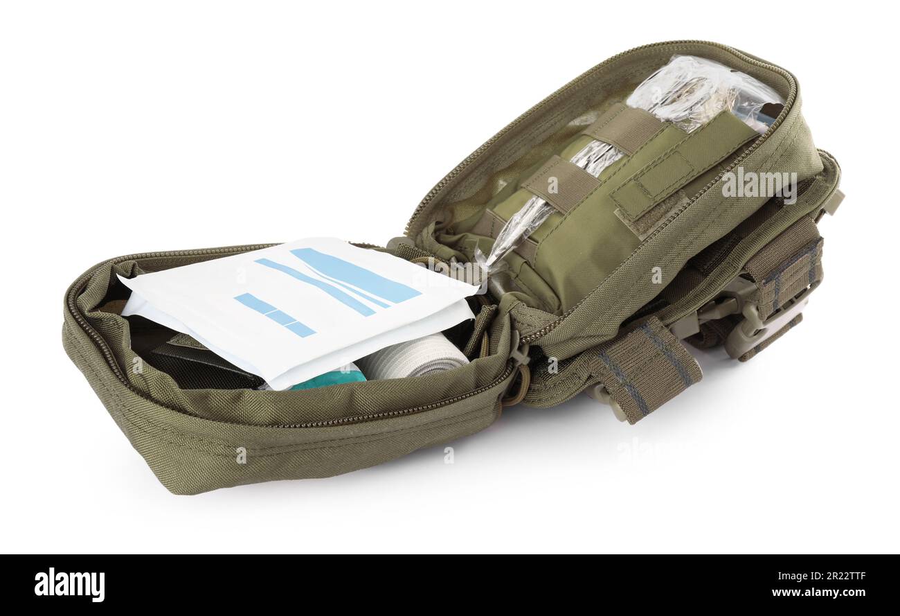 Open first aid kit isolated on white Stock Photo - Alamy