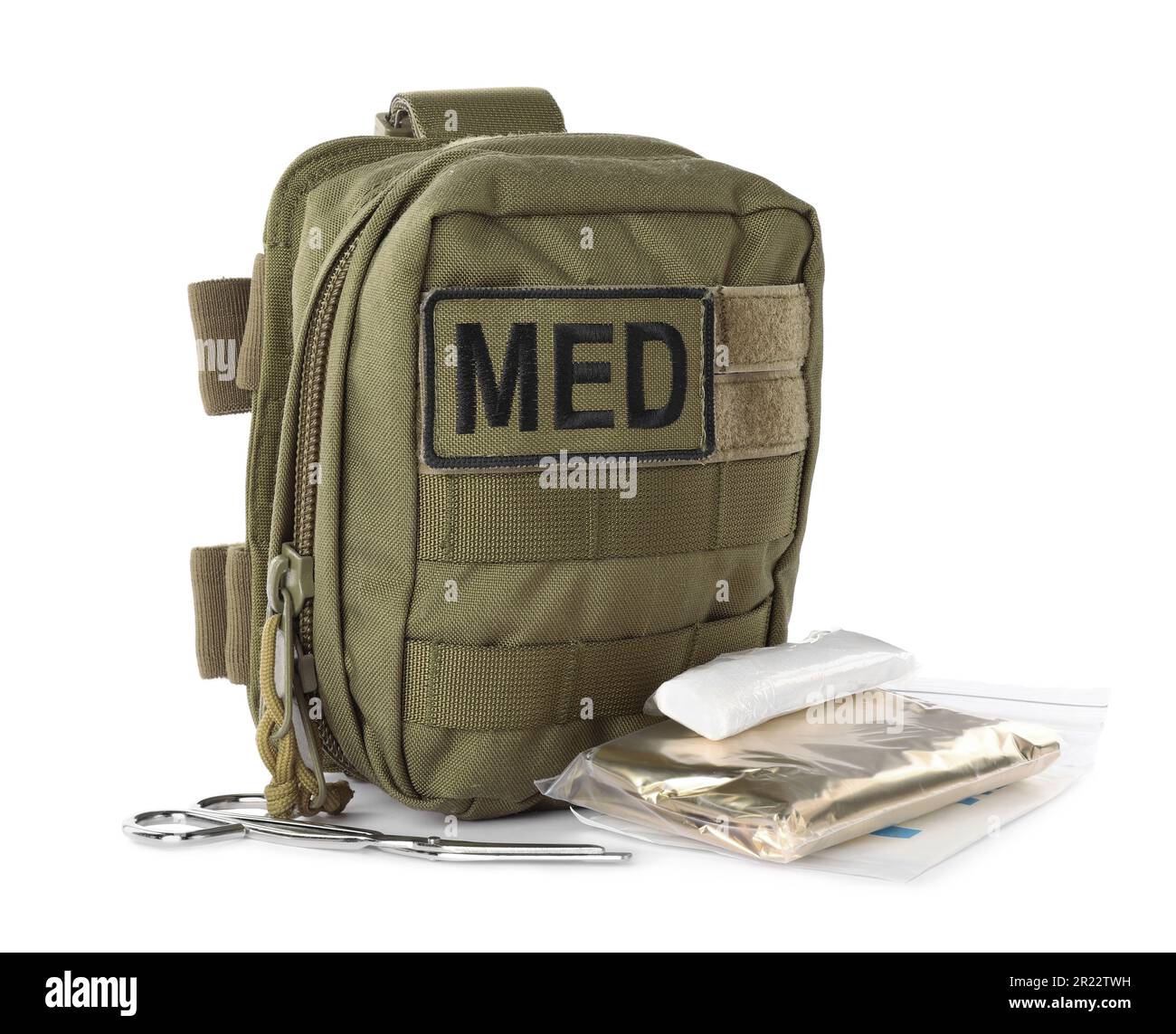 Military first aid kit with items isolated on white Stock Photo - Alamy