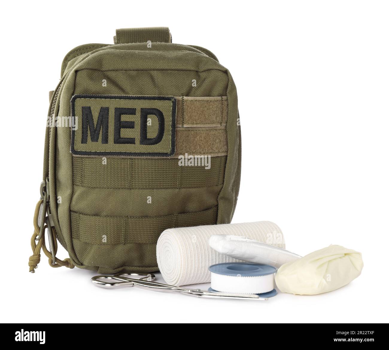 Military first aid kit with items isolated on white Stock Photo - Alamy