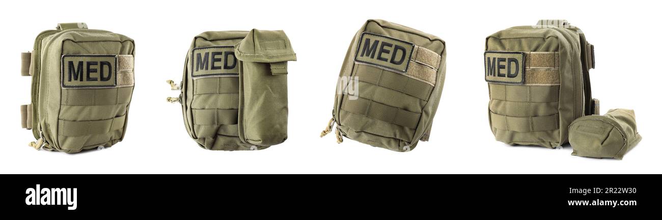 Collage with military first aid kit on white background, banner design ...