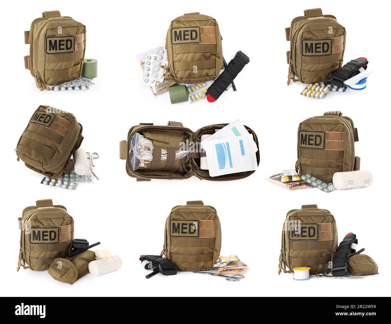 Collage with military first aid kit on white background Stock Photo - Alamy
