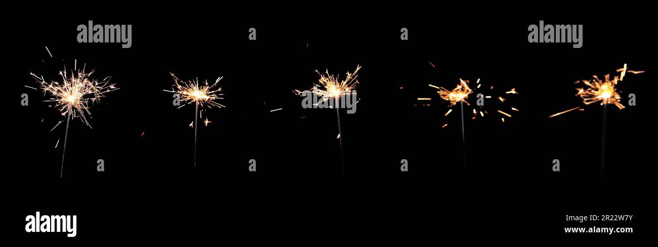 Collage with bright burning sparklers on black background, banner ...