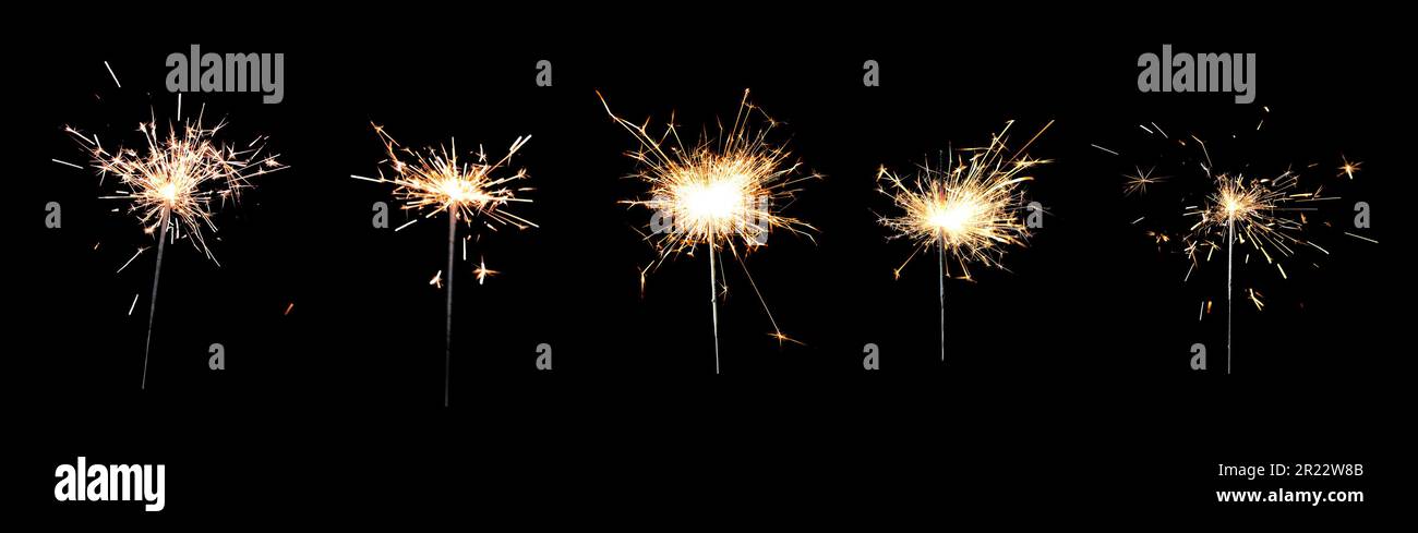 Collage with bright burning sparklers on black background, banner ...