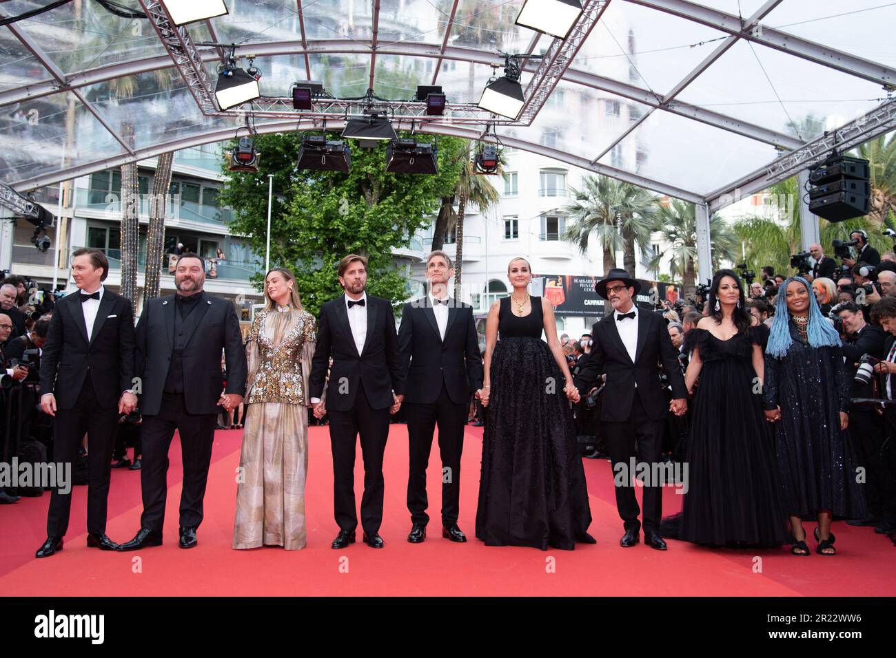 Cannes, France. 16th May, 2023. Members of the Jury Paul Dano, Denis Ménochet, Brie Larson ...