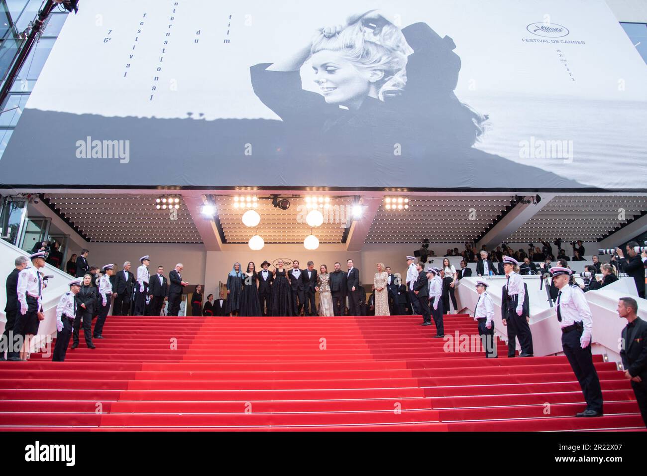 Cannes, France. 16th May, 2023. Members of the Jury Paul Dano, Denis Ménochet, Brie Larson ...