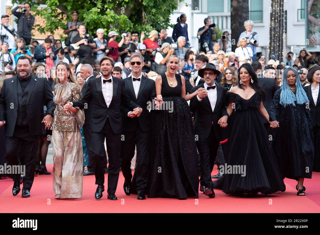 Cannes, France. 16th May, 2023. Members of the Jury Paul Dano, Denis Ménochet, Brie Larson ...