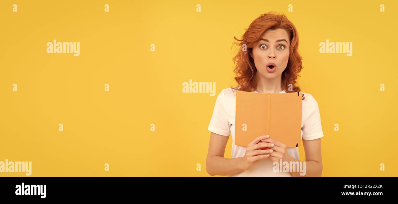 Student or female teacher with book. woman reader reading. shocked ...