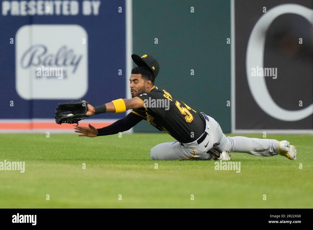 Pittsburgh Pirates right fielder Josh Palacios catches the fly out hit ...