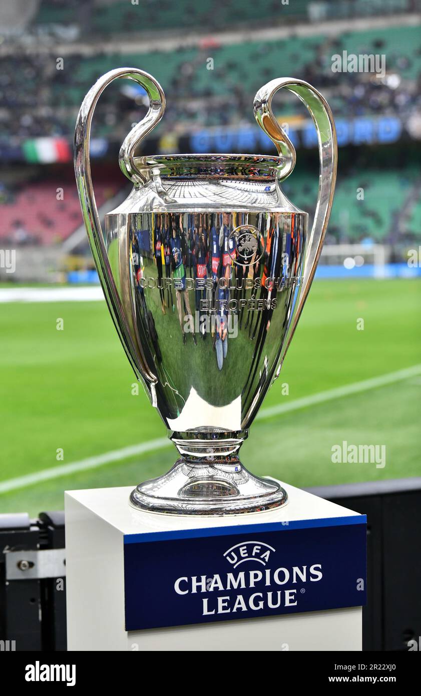 Milan, Italy. 16th May, 2023. The UEFA Champions League trophy is ...