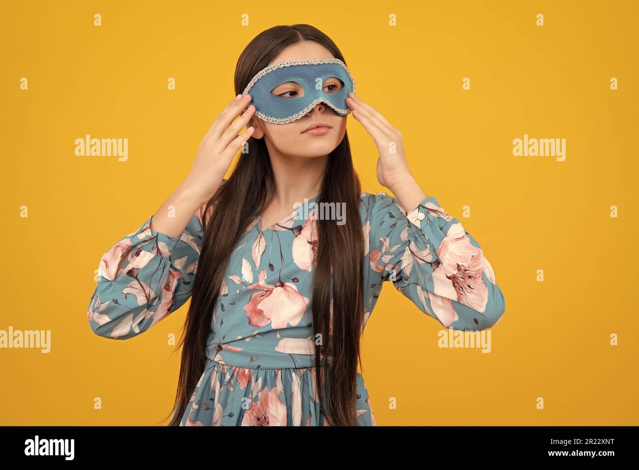 Teenager child girl in samba mask at carnival. Kids in carnival mask on ...