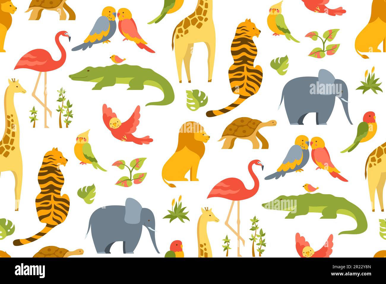 Tropical exotic animal cartoon seamless pattern. Funny Hawaiian parrot ...