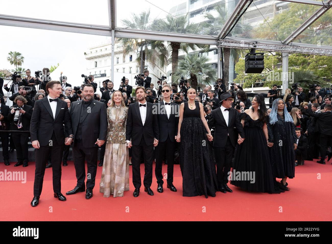 Cannes, France. 17th May, 2023. Members of the Jury Paul Dano, Denis Ménochet, Brie Larson ...