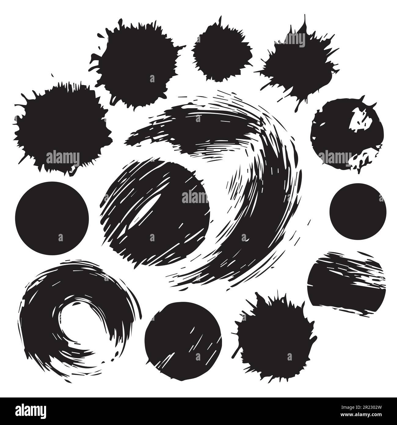 A group of circles with black paint marks brush stroke Stock Vector ...