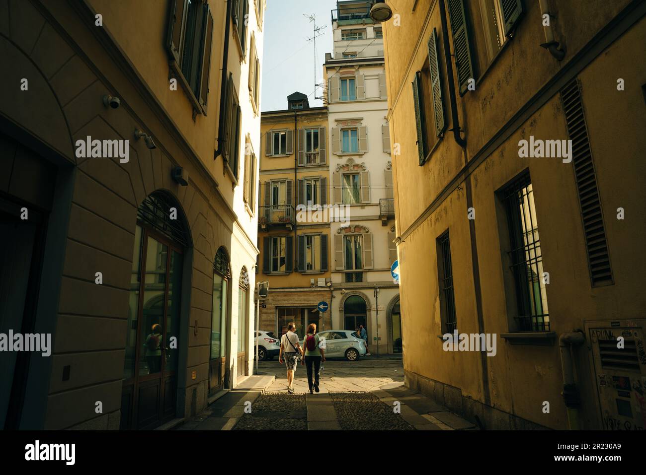 The street with ancient buildings in the center of Milan, Italy. High ...