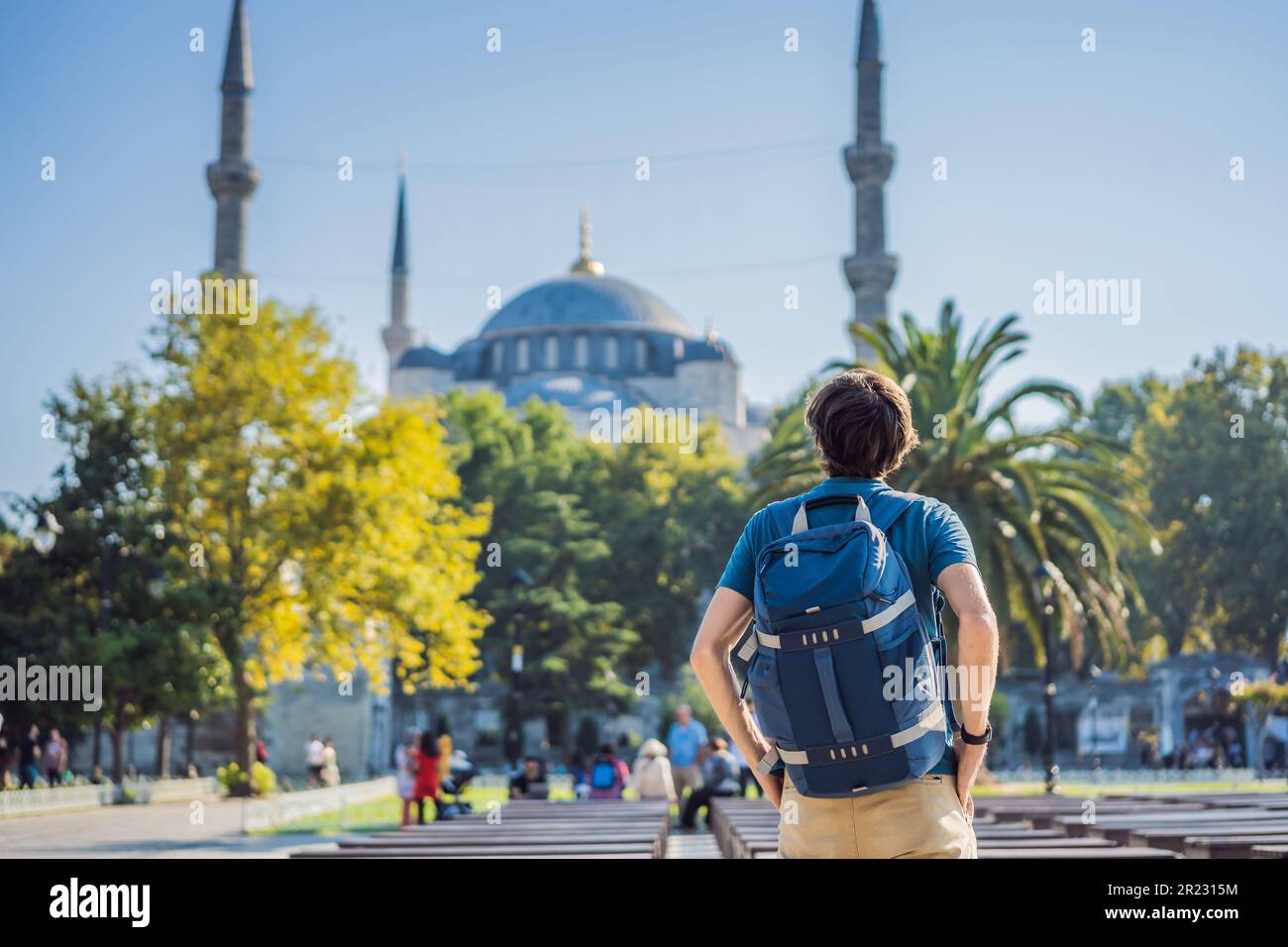 Man tourist enjoying the view Blue Mosque, Sultanahmet Camii, Istanbul ...