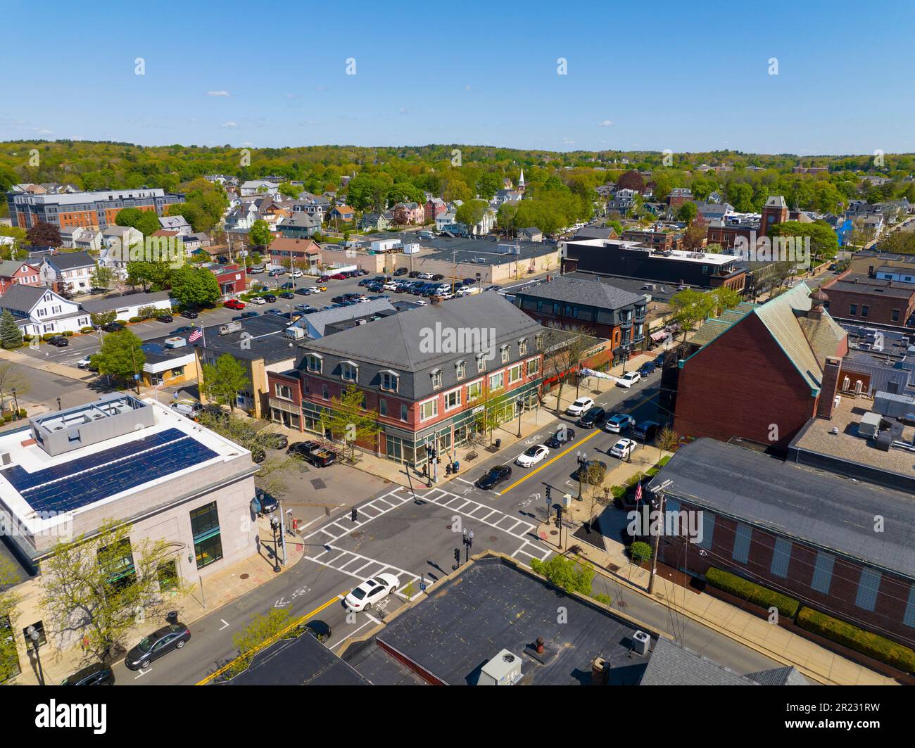 Historic commercial buildings aerial view on Main Street in historic ...