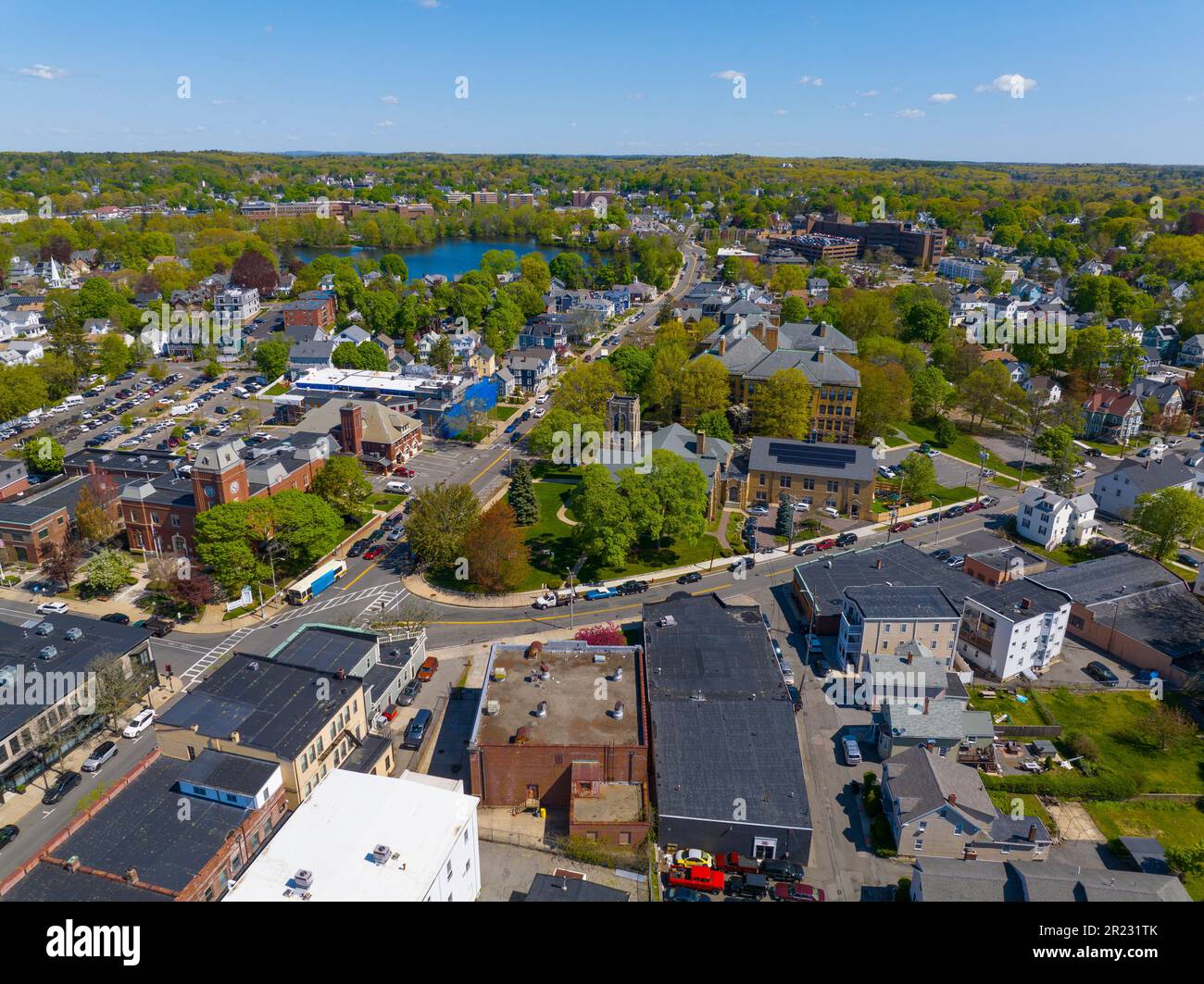 Historic commercial buildings aerial view on Main Street with Ell Pond ...