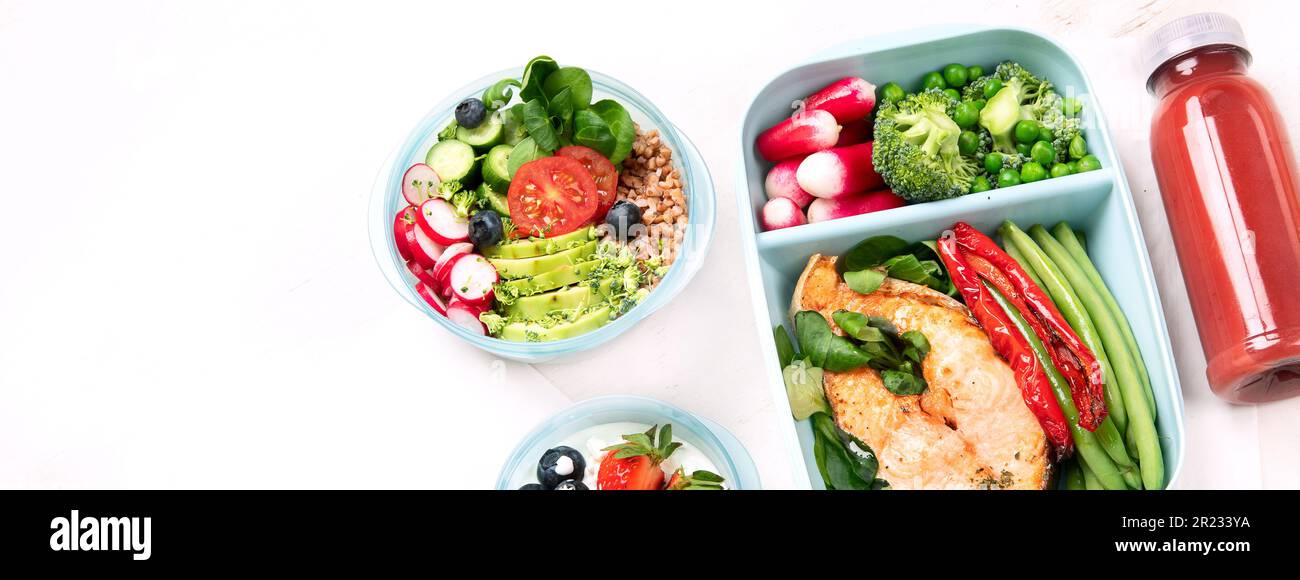 Different types of healthy meals in containers, Takeout food menu, top ...