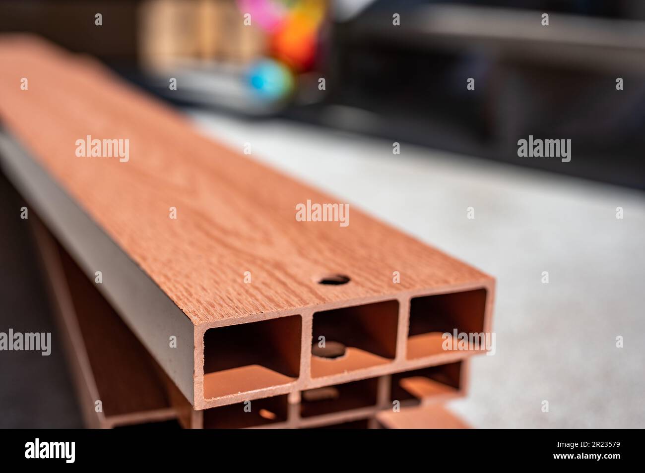 End section of plastic manufactured to resemble wood in prefabricated ...