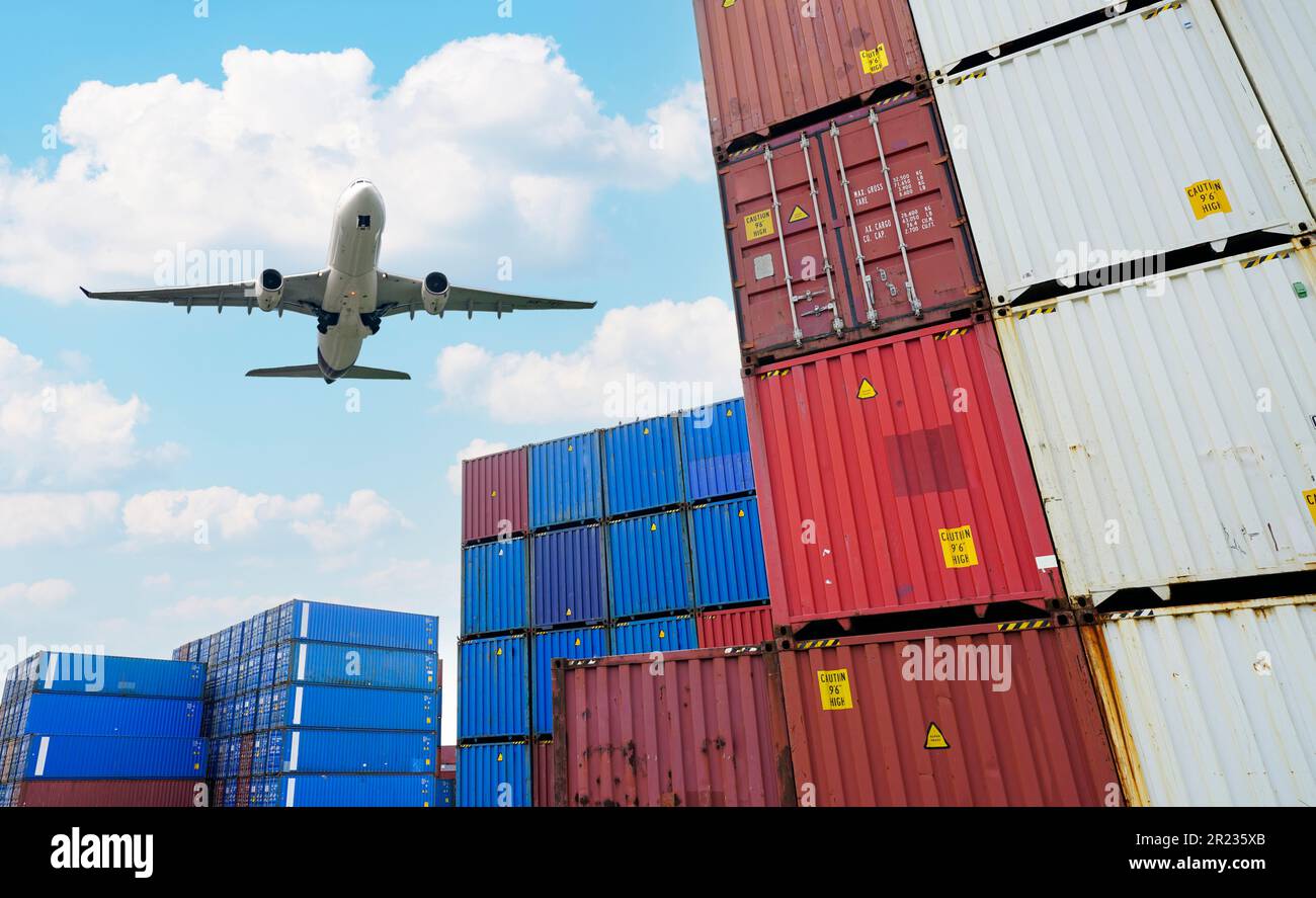 Cargo airplane flying above logistic container. Air logistic. Cargo and ...