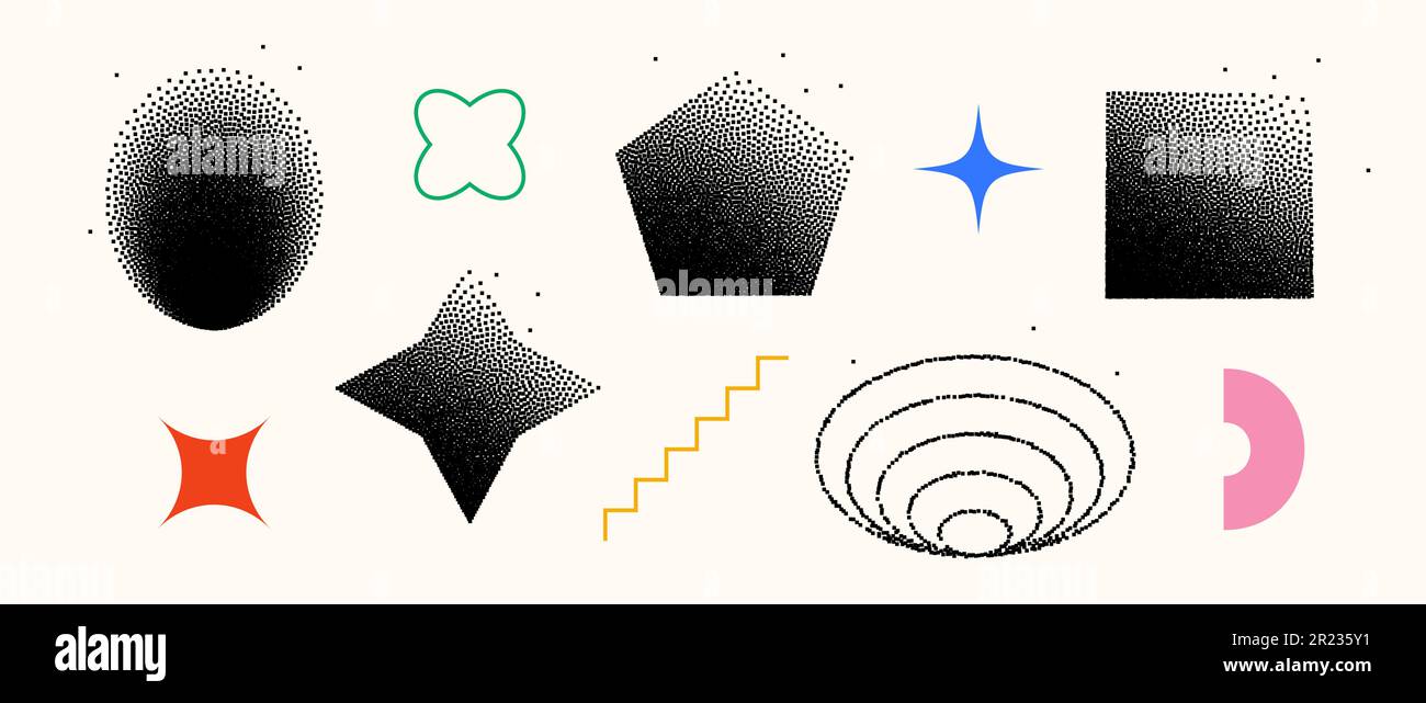 Set of dissolving shapes. Fading square, pentagon, star, rectangle ...