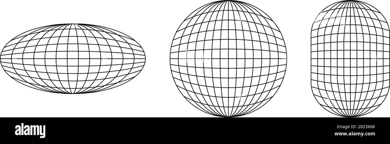 Wireframe shapes. Sphere, ellipse. Globe grid frame elements set. Geometric round net. Outline ...