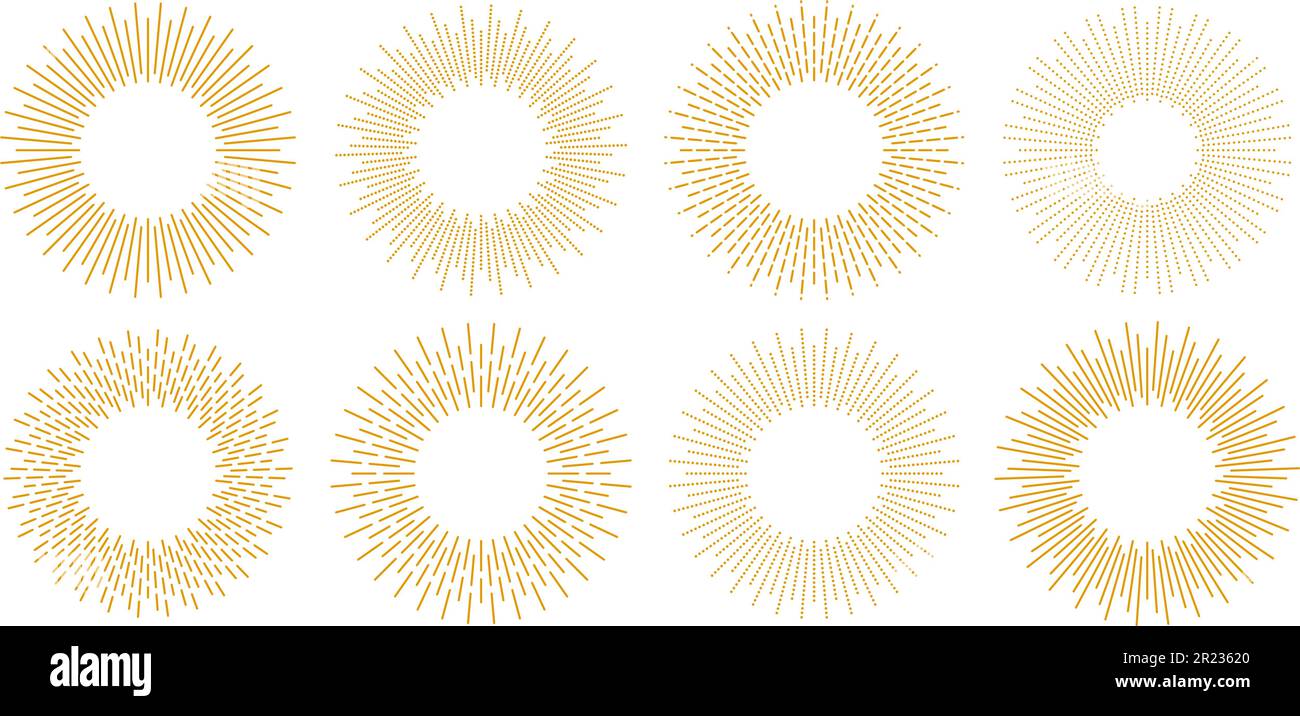 Golden sunburst frames collection. Retro gold sun light rays pack ...