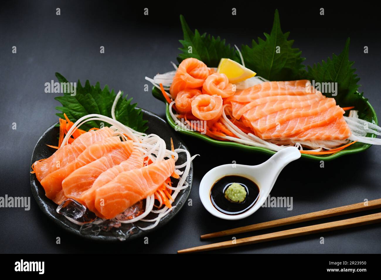 salmon sashimi food salmon fillet japanese menu with shiso perilla leaf ...