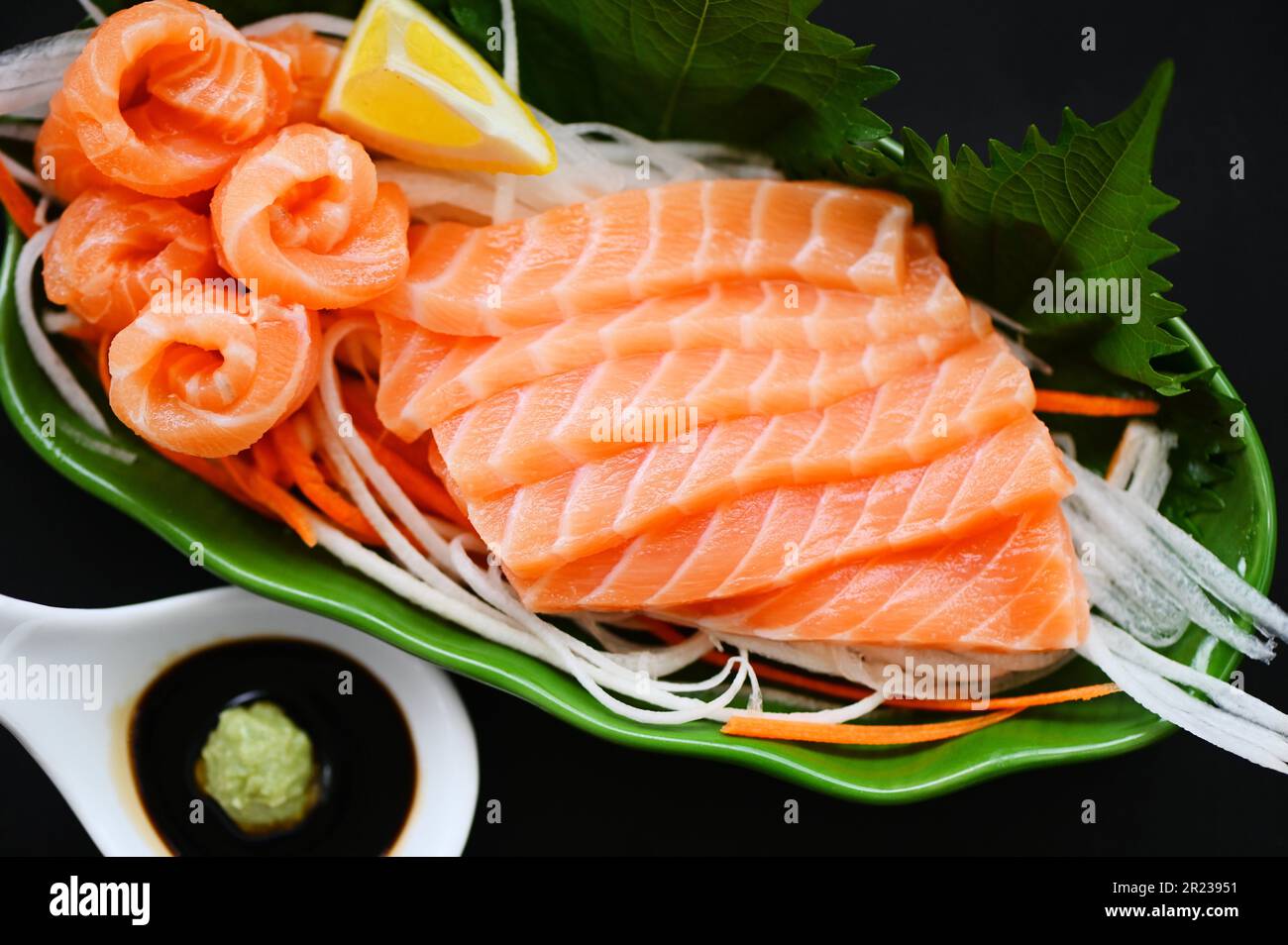 salmon sashimi food salmon fillet japanese menu with shiso perilla leaf ...