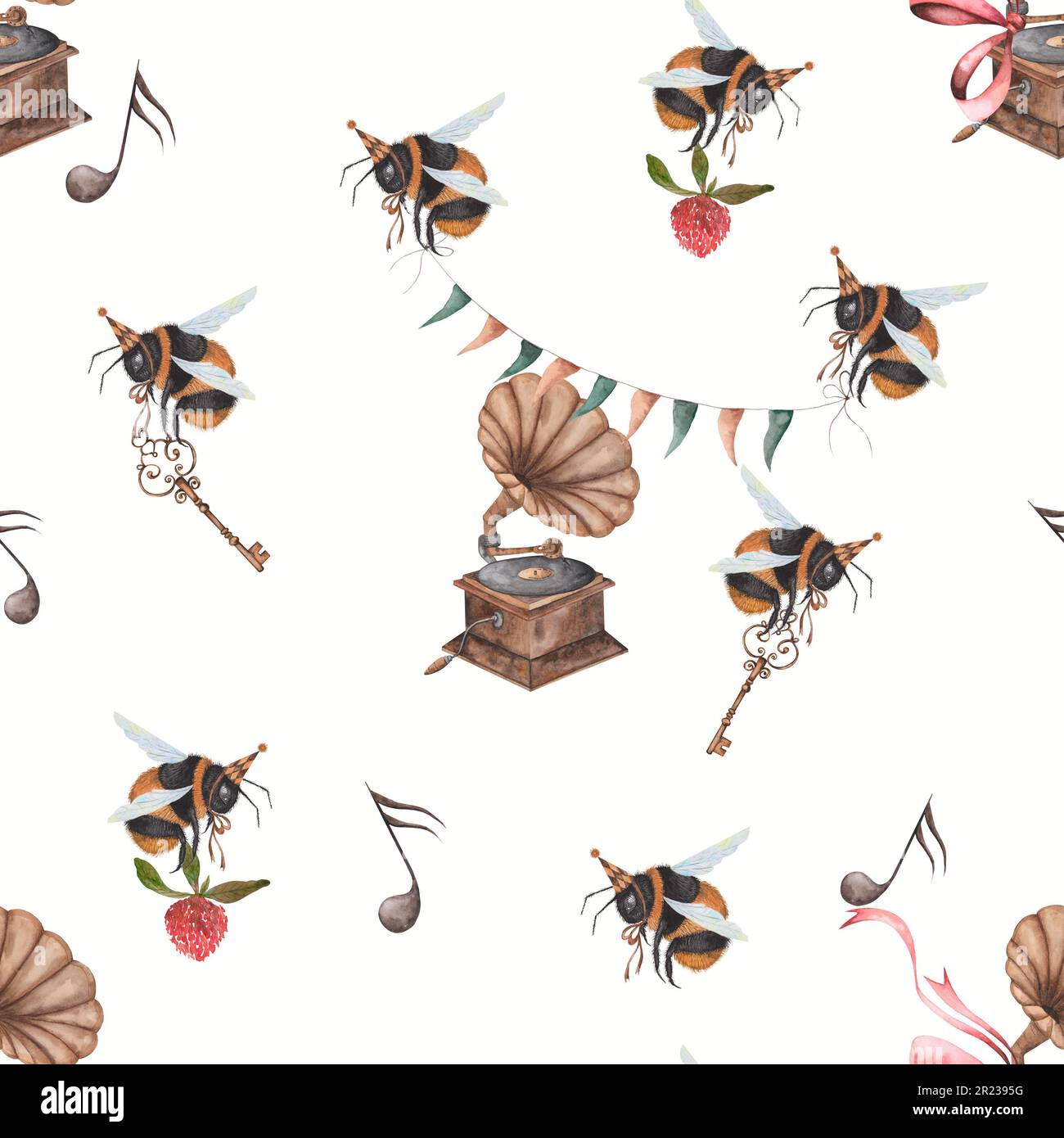 seamless watercolor pattern with bumblebees, keys, gramophone, musical ...