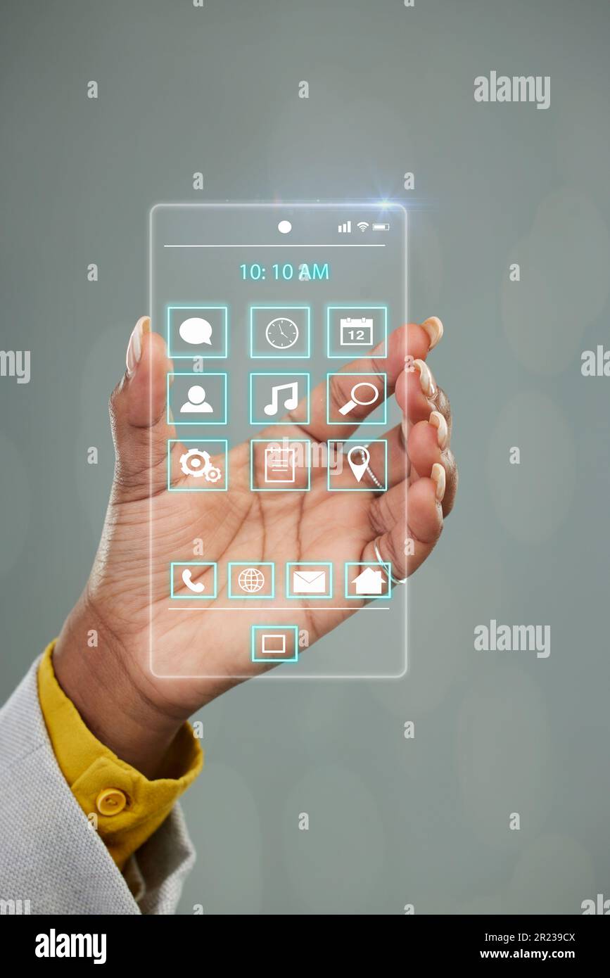 Woman, hands and futuristic phone UI, dashboard or virtual interface ...