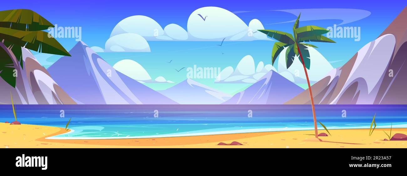 Vector summer sea beach cartoon mountain view background. Ocean ...