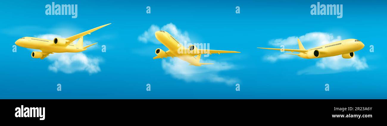 3d yellow airplane flying on blue sky landscape background with cloud ...