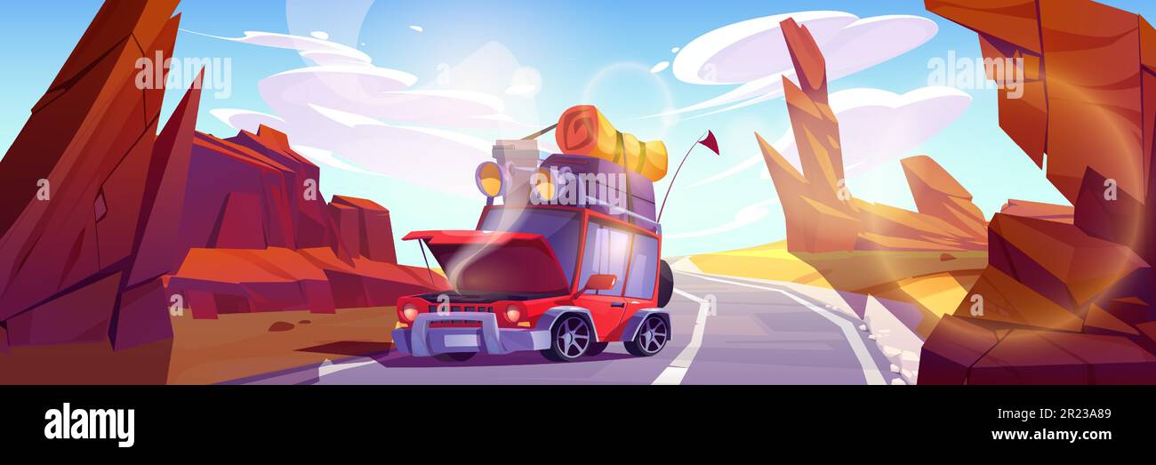 Broken car at desert roadtrip with baggage on roof. Summer adventure ...