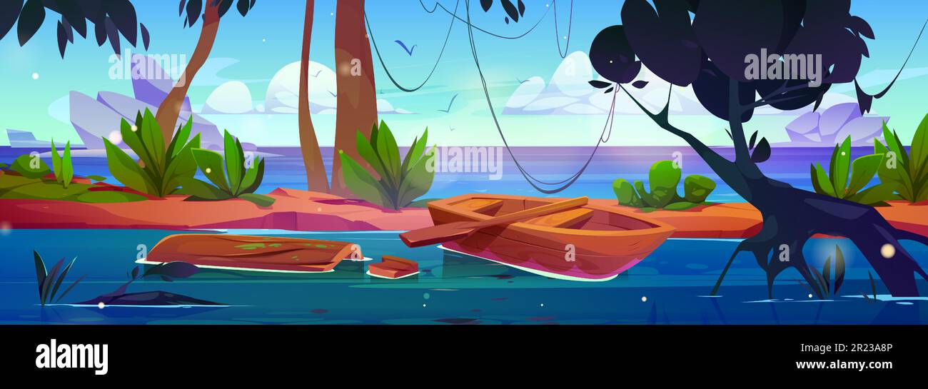 Tropical jungle forest near sea shore vector landscape. Amazon river ...